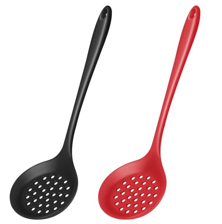 Armrouns Skimmer Slotted Spoon 2PC Set, Heat Resistant 600 °F Slotted ladle Spoons For Kitchen Cooking. (Black & Red)