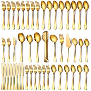 keyoxy gold silverware set for 8, 49 pcs stainless steel flatware set with serving spoon,slotted spoons,forks,serving tongs,pie server,butter knife serving utensils set for parties,buffet,kitchen