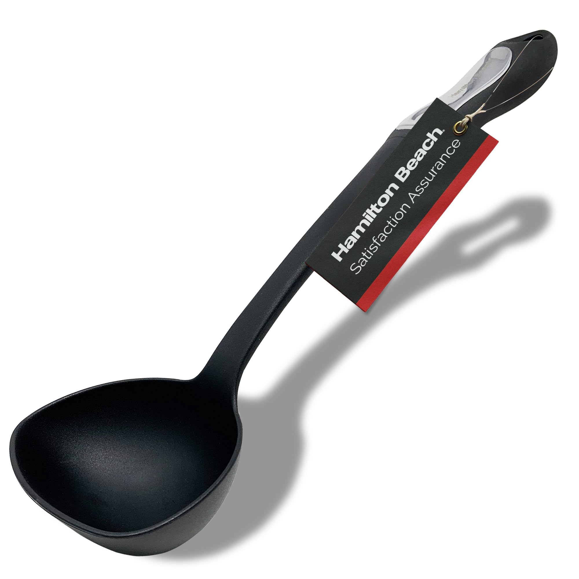 Hamilton Beach Plastic Ladle Spoon for Cooking | Non-Slip Solid Long Nylon Soft Touch Handle 13 inch | Non-stick Heat Resistant | Hygienic Spatula Spoon Design for Soups, Stews, Dressings - Black