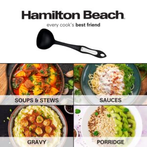 Hamilton Beach Plastic Ladle Spoon for Cooking | Non-Slip Solid Long Nylon Soft Touch Handle 13 inch | Non-stick Heat Resistant | Hygienic Spatula Spoon Design for Soups, Stews, Dressings - Black