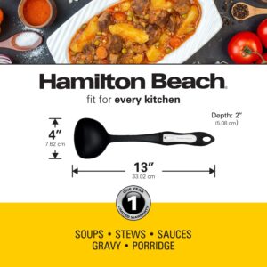 Hamilton Beach Plastic Ladle Spoon for Cooking | Non-Slip Solid Long Nylon Soft Touch Handle 13 inch | Non-stick Heat Resistant | Hygienic Spatula Spoon Design for Soups, Stews, Dressings - Black