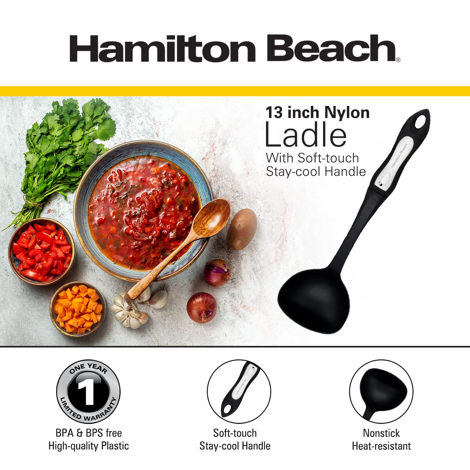 Hamilton Beach Plastic Ladle Spoon for Cooking | Non-Slip Solid Long Nylon Soft Touch Handle 13 inch | Non-stick Heat Resistant | Hygienic Spatula Spoon Design for Soups, Stews, Dressings - Black