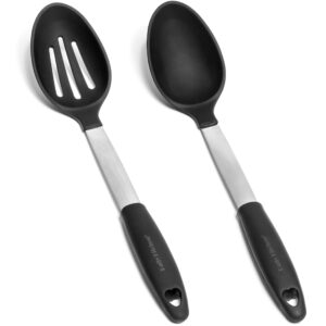 daily kitchen cooking spoons set heat resistant silicone and stainless steel metal - serving spoon with rubber grip - flexible silicone spoon for non stick cookware – spoons for cooking – 2-set