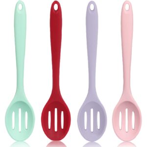 slotted spoon, 4 pcs slotted serving spoons, small colorful silicone stirring spoon, mixing slotted spoons for straining oil and juices, getting into small jars, and serving