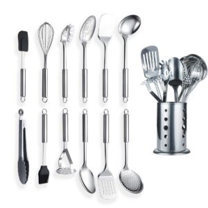 berglander cooking utensil set 13 piece stainless steel kitchen tool set with holder, include cooking spoon, spatula, whisk, cooking tong and etc. (13 pieces)