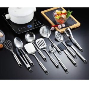 Berglander Cooking Utensil Set 13 Piece Stainless Steel Kitchen Tool Set with Holder, Include Cooking Spoon, Spatula, Whisk, Cooking Tong and etc. (13 Pieces)