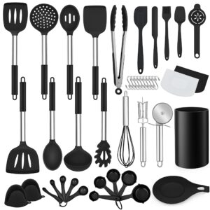 lianyu 43 pcs kitchen cooking utensils set, silicone cooking utensils spatula set with holder, heat resistant kitchen gadgets tools for nonstick cookware set, stainless steel handle, black