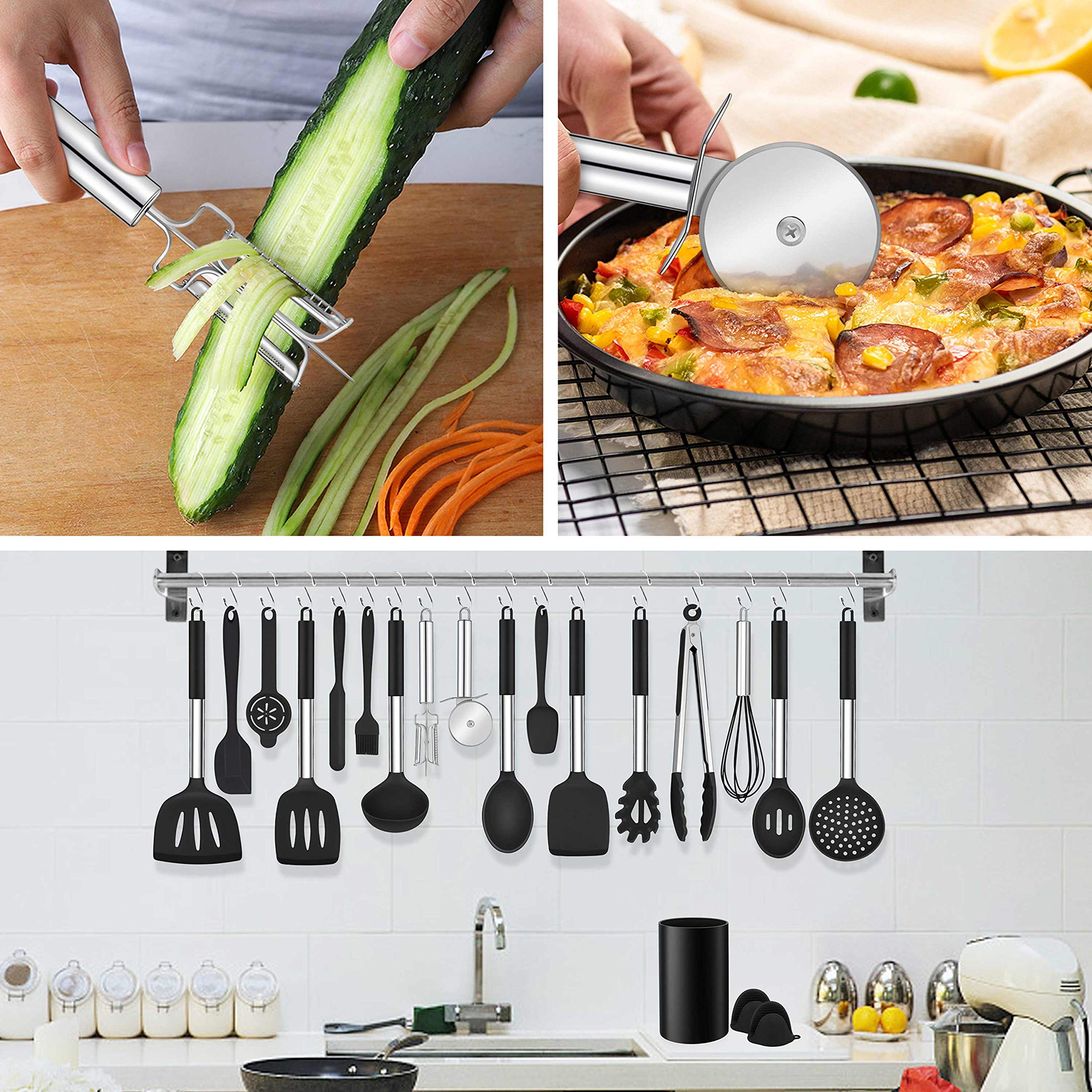 LIANYU 43 Pcs Kitchen Cooking Utensils Set, Silicone Cooking Utensils Spatula Set with Holder, Heat Resistant Kitchen Gadgets Tools for Nonstick Cookware Set, Stainless Steel Handle, Black