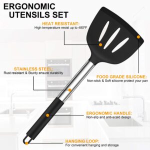 LIANYU 43 Pcs Kitchen Cooking Utensils Set, Silicone Cooking Utensils Spatula Set with Holder, Heat Resistant Kitchen Gadgets Tools for Nonstick Cookware Set, Stainless Steel Handle, Black