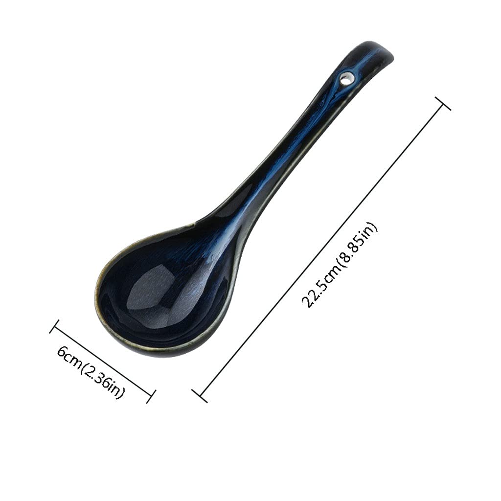 Spoons Silverware Large Soup Spoon Ceramic Spoon Long-handled Spoon Under Glaze Cake Dessert Spoon Suitable for Home Use Two-piece Spoon Set (Color : Black)