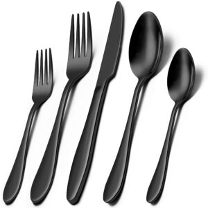 homikit 30-piece shiny black silverware set, stainless steel flatware cutlery set for 6, modern home restaurant wedding eating utensils, include knife spoon fork, dishwasher safe, mirror polished