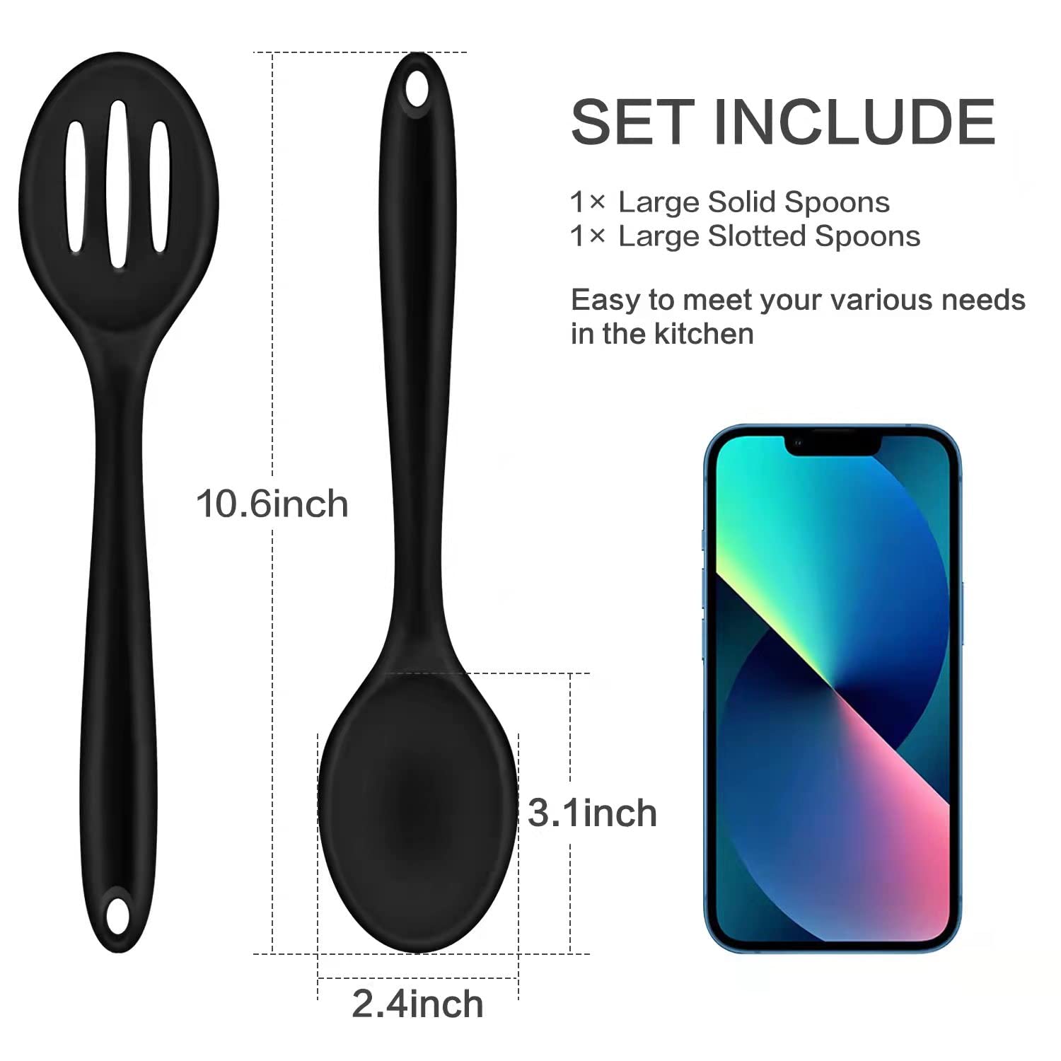 Armrouns Silicone Nonstick Spoons Set, 2PCS Silicone Spoons For Cooking Heat Resistant Cooking Spoons For Mixing, BPA Free Silicone Spoon (Casual Black)