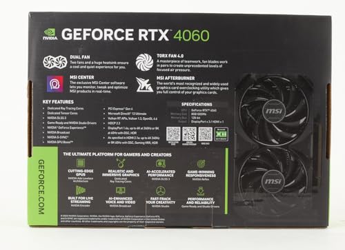 MSI GeForce RTX 4060 Ventus 2X Black 8G OC Gaming Graphics Card - 8GB GDDR6X, PCI Express Gen 4, 128-bit, 3X DP v 1.4a, HDMI 2.1a (Supports 4K & 8K HDR)