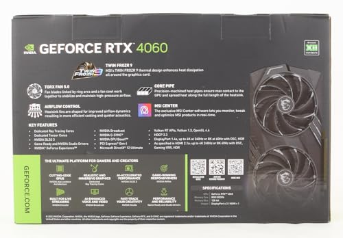 MSI GeForce RTX 4060 Gaming X 8G Graphics Card - RTX 4060 GPU, 8GB GDDR6 (17Gbps/128-bit), PCIe 4.0 - Twin FROZR 9 (2 x TORX Fan 5.0), RGB - HDMI 2.1, DisplayPort 1.4a