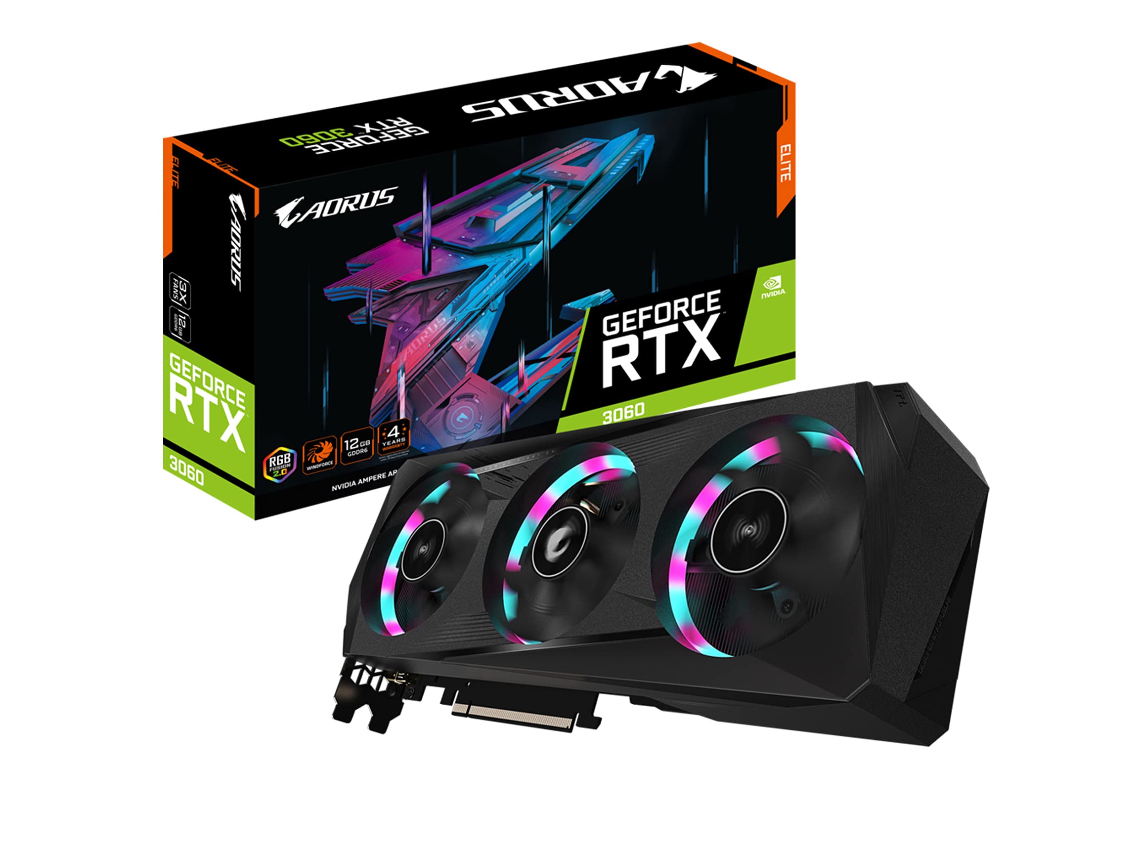 GIGABYTE AORUS GeForce RTX 3060 Elite 12G (REV2.0) Graphics Card, 3X WINDFORCE Fans, 12GB 192-bit GDDR6, GV-N3060AORUS E-12GD Video Card