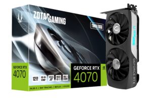 zotac gaming geforce rtx 4070 twin edge dlss 3 12gb gddr6x 192-bit 21 gbps pcie 4.0 compact gaming graphics card, icestorm 2.0 advanced cooling, spectra rgb lighting, zt-d40700e-10m