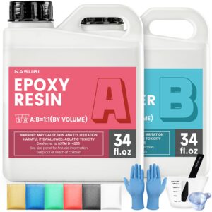 nasubi crystal clear epoxy resin kit - 68oz easy to use resin for art, mold, wood, jewelry, no bubbles, no odor, uv resistant, 2 part casting coating resin kit with silicone cups, sticks, pigment