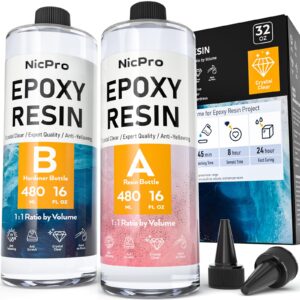 nicpro 32 ounce crystal clear epoxy resin kit, food safe diy starter epoxy resin for craft, canvas painting, molds pigment jewelry making, resin coating and casting