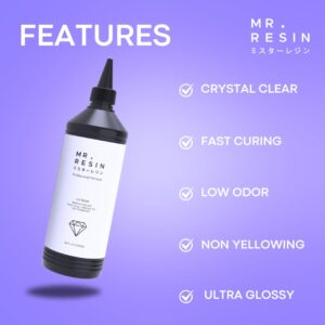 UV Resin - Mr. Resin 1kg Crystal Clear UV Epoxy Resin for Crafts, Jewelry Making, Keychains, Molds, Doming, Rock Painting - Fast Curing with UV Lamp, LED, and Sunlight