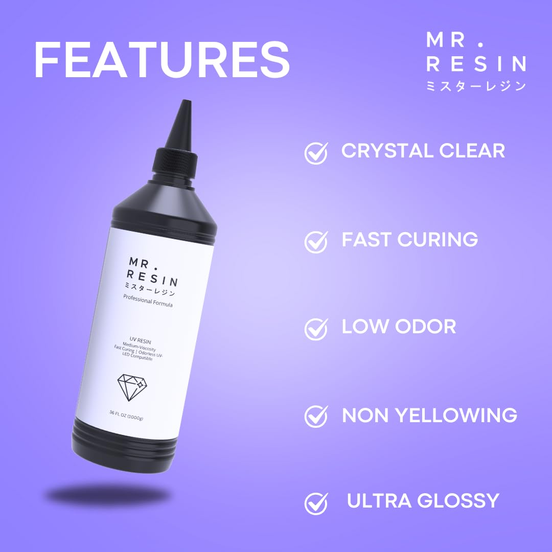 UV Resin - Mr. Resin 1kg Crystal Clear UV Epoxy Resin for Crafts, Jewelry Making, Keychains, Molds, Doming, Rock Painting - Fast Curing with UV Lamp, LED, and Sunlight