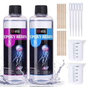 let's resin 16oz clear epoxy resin,bubbles free casting resin for art crafts, jewelry making, crystal clear 2 part resin and hardener with mixing cups, stir stick, transfer pipettes, gloves