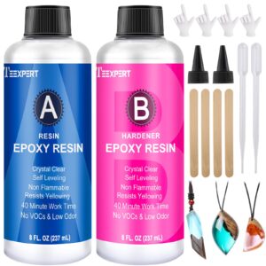 teexpert epoxy resin crystal clear, 16oz epoxy resin kit, self-leveling, bubble-free coating and casting resin for diy art & crafts, jewelry, coasters, molds - 2 part (8oz resin and 8oz hardener)