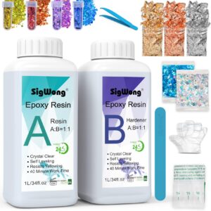 epoxy resin - 68oz crystal clear epoxy resin kit, no yellowing no bubble easy mix 1:1 ratio, 2 part casting resin for art, craft, jewelry making, river tables, with gold foil flakes, glitter flakes