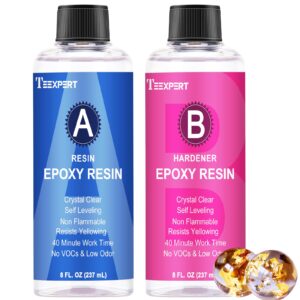 teexpert epoxy resin kit 16oz, self-leveling, crystal clear & bubble-free epoxy resin, coating and casting resin for diy art, jewelry, coasters, molds - 1:1 easy mix (8oz resin and 8oz hardener)