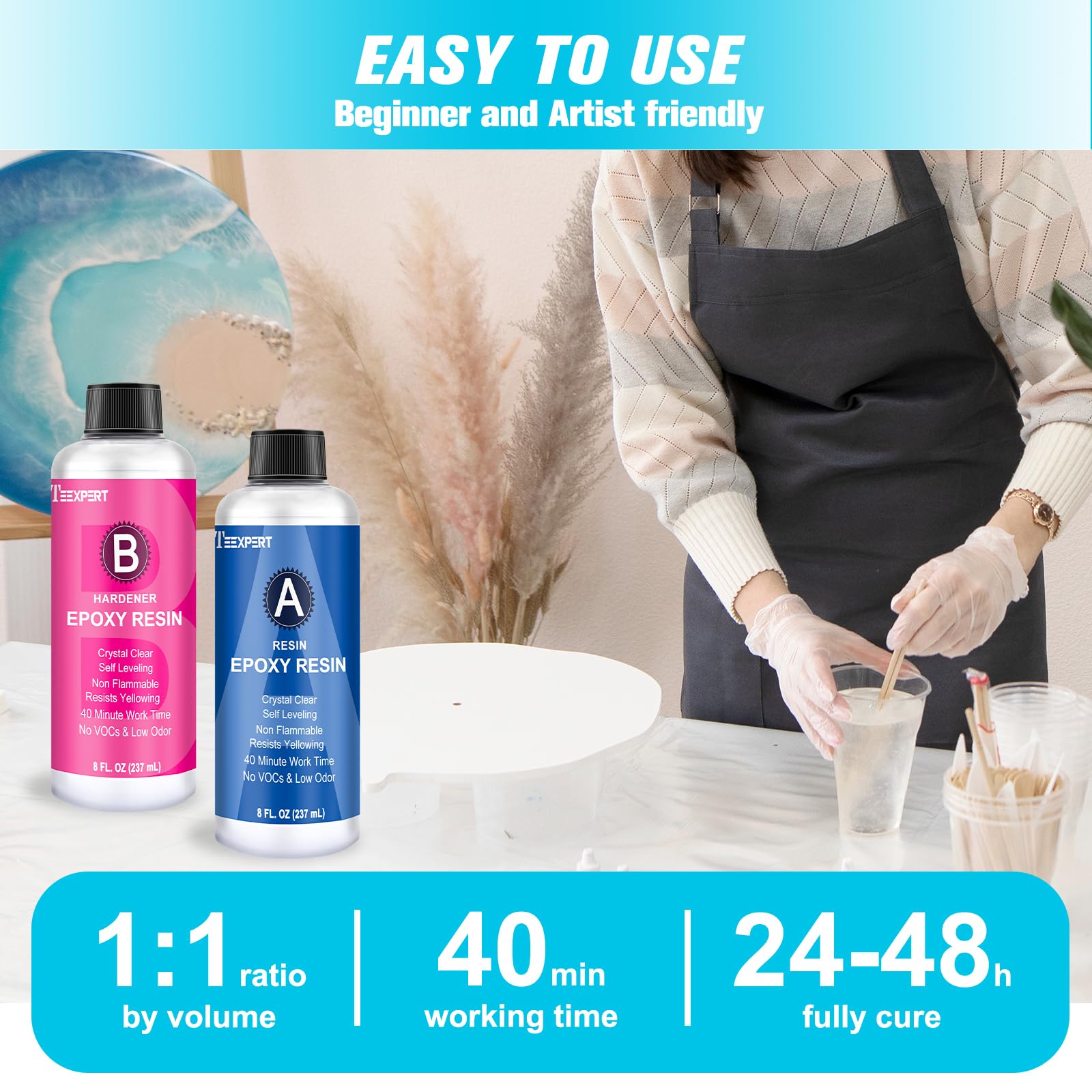 Teexpert Epoxy Resin Kit 16oz, Self-Leveling, Crystal Clear & Bubble-Free Epoxy Resin, Coating and Casting Resin for DIY Art, Jewelry, Coasters, Molds - 1:1 Easy Mix (8oz Resin and 8oz Hardener)