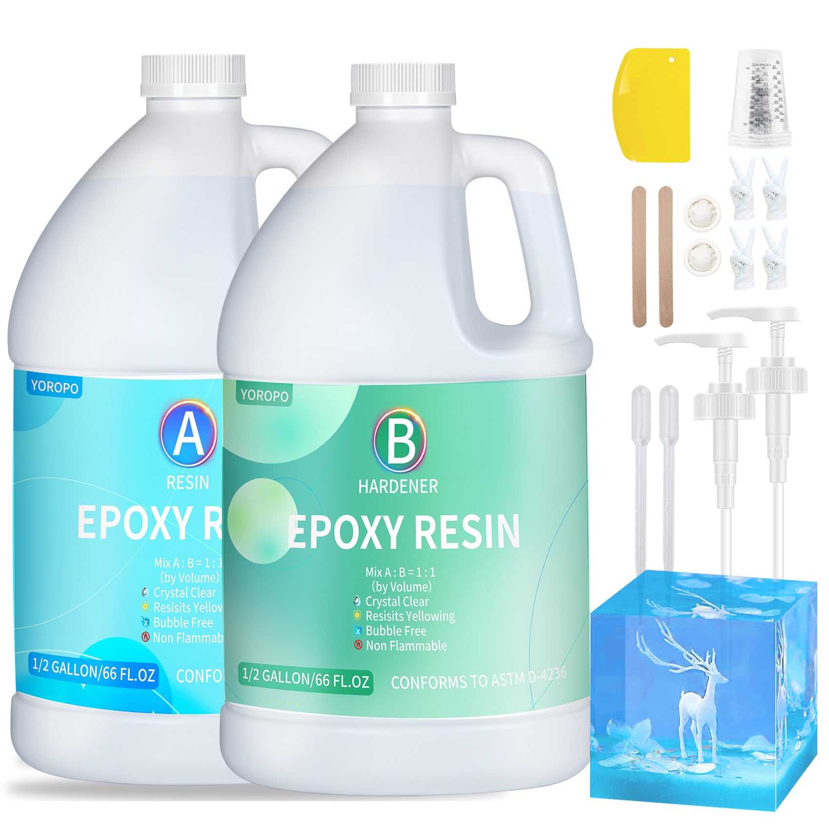 Epoxy Resin Kit - 1 Gallon Epoxy Resin Crystal Clear,Yellowing Resistant Fast Curing No Bubble for Casting Coating Art DIY Craft Jewelry Molds Wood Table 2 Part 1:1 Ratio(66oz Resin&66oz Hardene)…