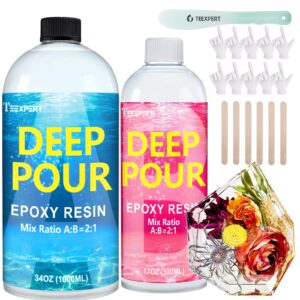 teexpert deep pour epoxy resin, 51oz epoxy resin kit for 2-4" pour depths, crystal clear & high gloss, bubble-free casting resin for flower preservation, river tables and mold crafts - 2:1 mix ratio