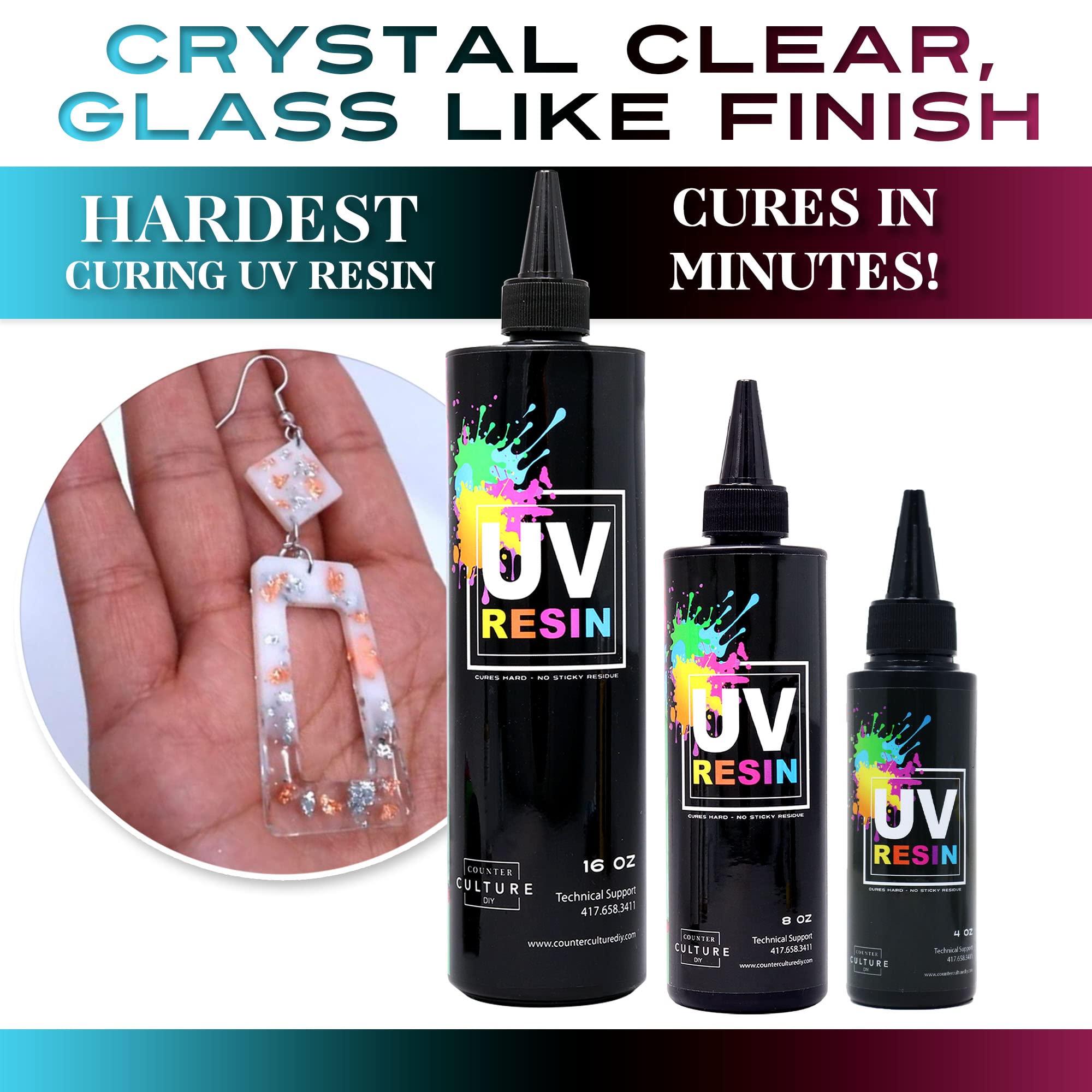 Counter Culture DIY Clear UV Resin, 4 oz, Quick Art Supplies for Coating & Casting, Great for Jewelry, Keychains - Epoxy Glue Cures Hard, No Sticky Residue