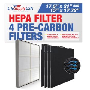 lifesupplyusa aftermarket hepa filter and 4 pre-carbon filters compatible with whirlpool whispure air purifier models ap450 ap510 ap45030ho; replaces part # 1183054