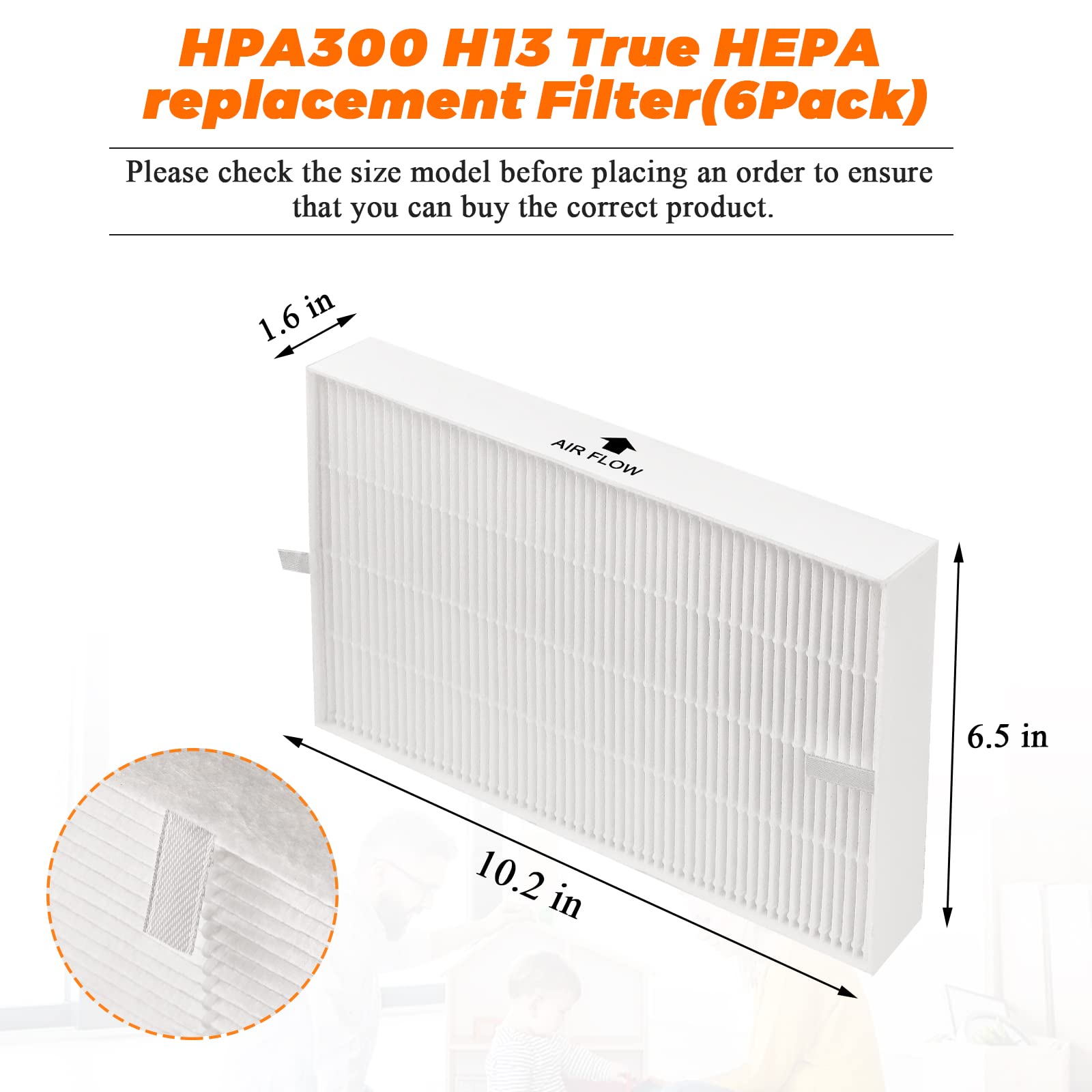 Blutoget HPA300 HEPA Filter Replacement - Compatible For Honey-well Air Puri-fier HPA300 HPA200 HPA090 Series-Replaces HRF-R3 HRF-R2 HRF-R1(Pack of 6 x Hepa Filters)