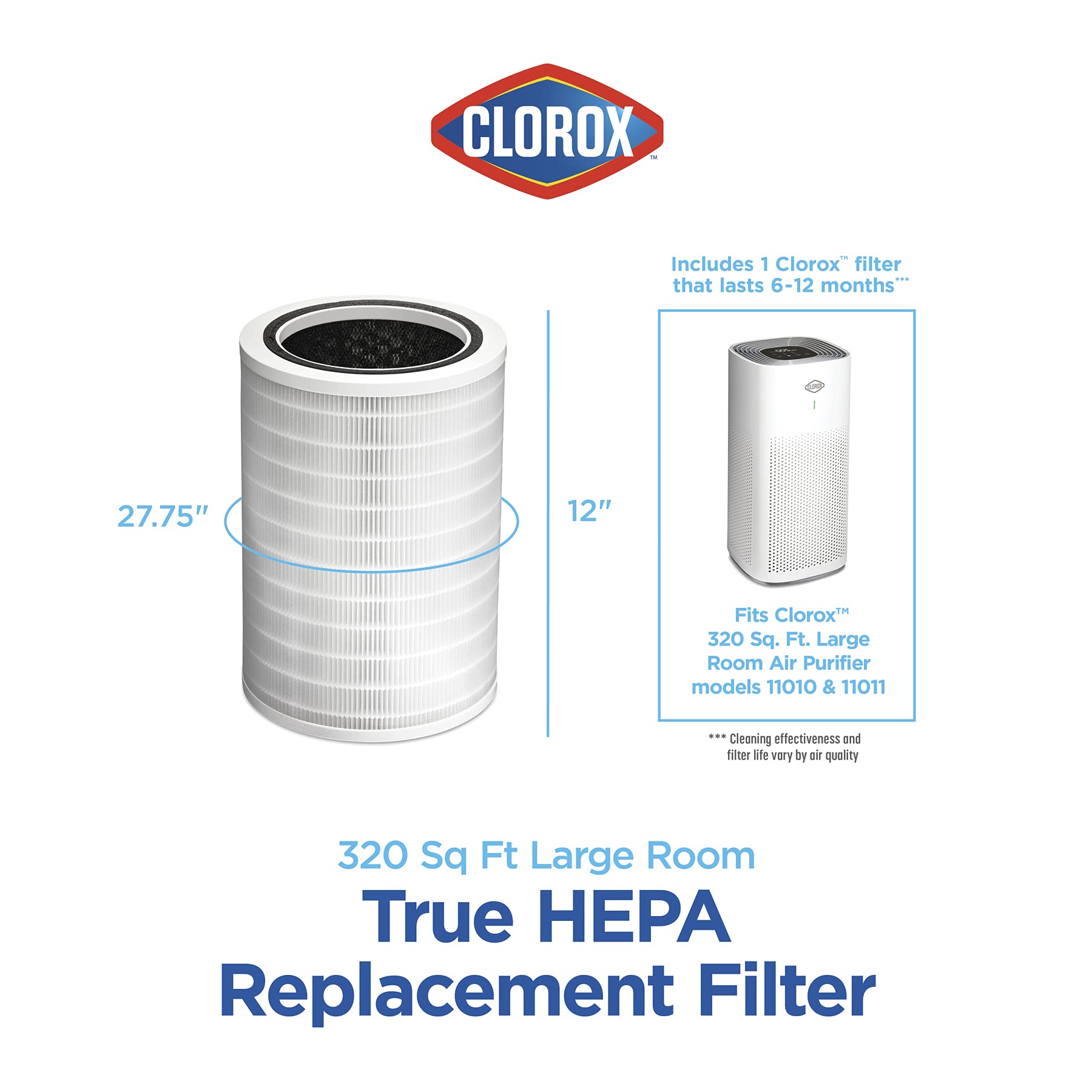 Clorox Large Room Air Purifier True HEPA Replacement Filter, 1,500 Sq. Ft. Capacity, Removes 99.97% of Allergens up to 0.1 Micron, Compatible with 11010 & 11011, 1 Count (12010)