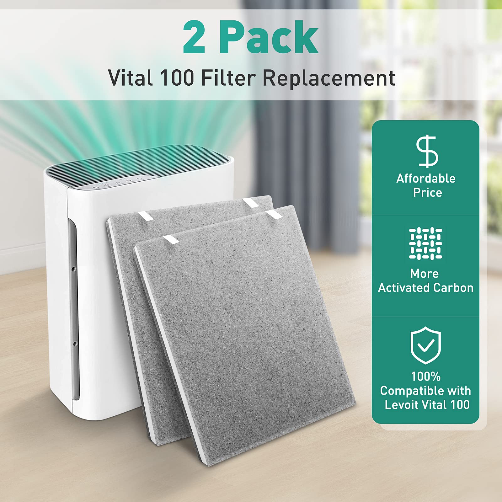 2 Pack Vital 100 Air Purifier Replacement Filter Compatible with LEVOIT Air Purifier Vital 100 Air Filter True H13 HEPA 3-in-1 High-Efficiency Filtration Air Filter Compared to Part Vital 100-RF