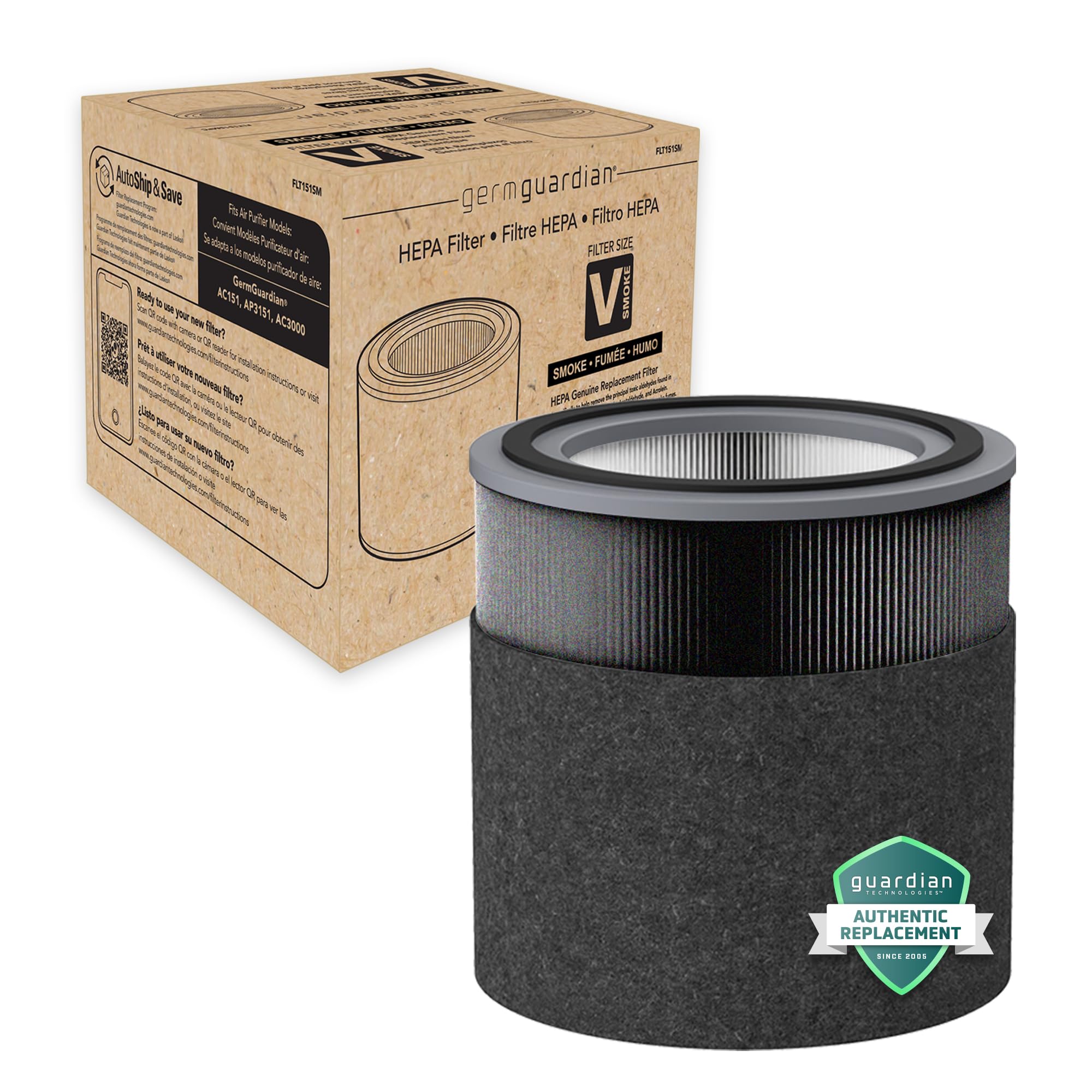 GermGuardian Filter V Smoke Clear HEPA Genuine Air Purifier Replacement Filter, Removes 99.97% of Pollutants, Smoke Toxins and Odors, for AirSafe Series and AC151, Black/Gray, FLT151SM