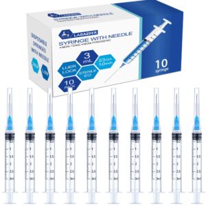 10 pack 3ml syringes with needle - 23g, 1.0 inch needle luer lock syringe individually packaged (3ml, 10)