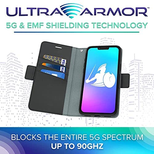 DefenderShield EMF Protection & 5G Anti Radiation iPhone 14 Plus Case - RFID Blocking EMF Shield Detachable Wallet Case with Magnetic Closure (Black)