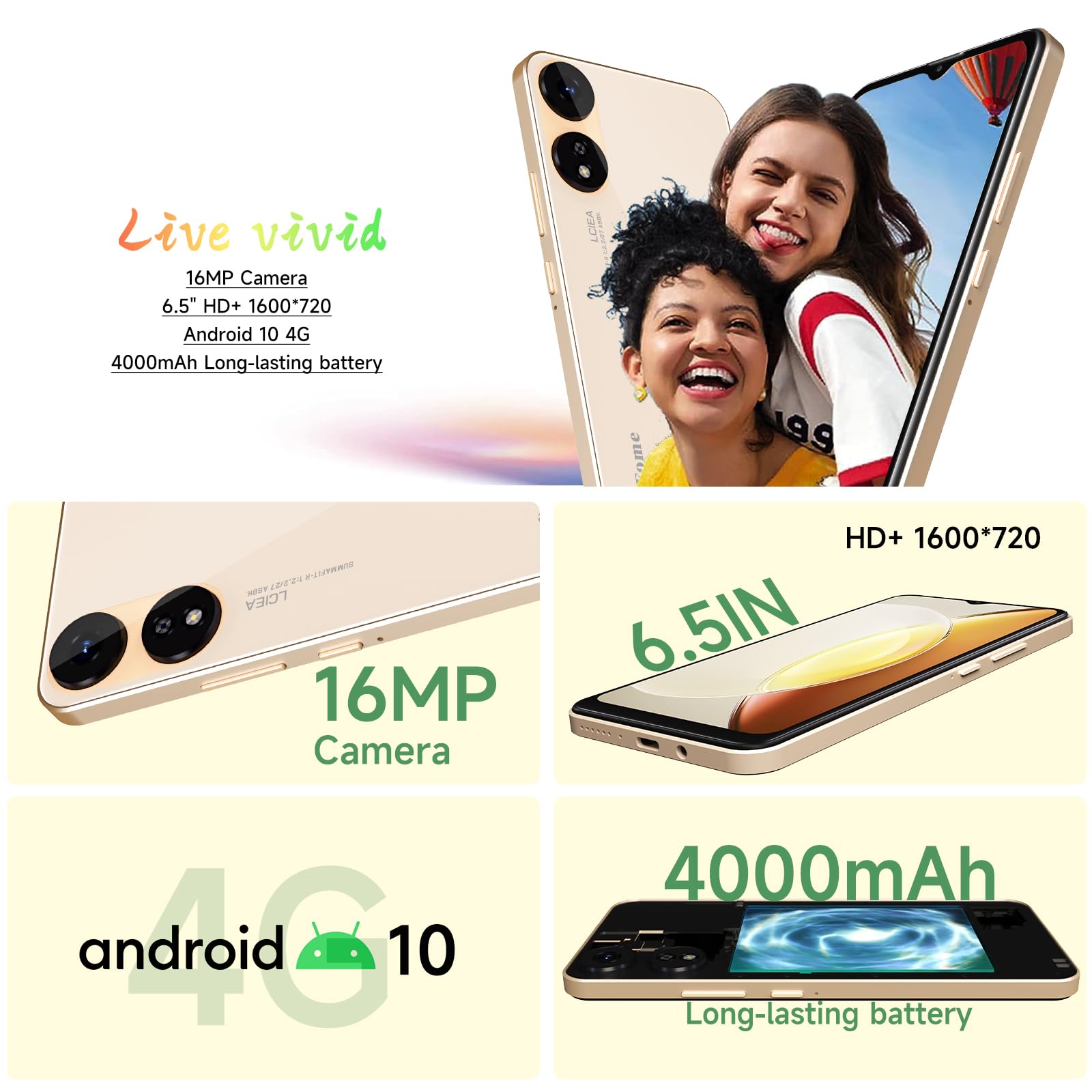 HeyxFome X1 2024 New 4G LTE GSM Unlocked Cell Phone 6.5” HD+ Screen Mobile Phones 4000mAh Android 10 Smart Phone 16MP Smartphone Dual SIM (for T-Mobile Metro Mint Tello USA Market) Face Unlock (Gold)