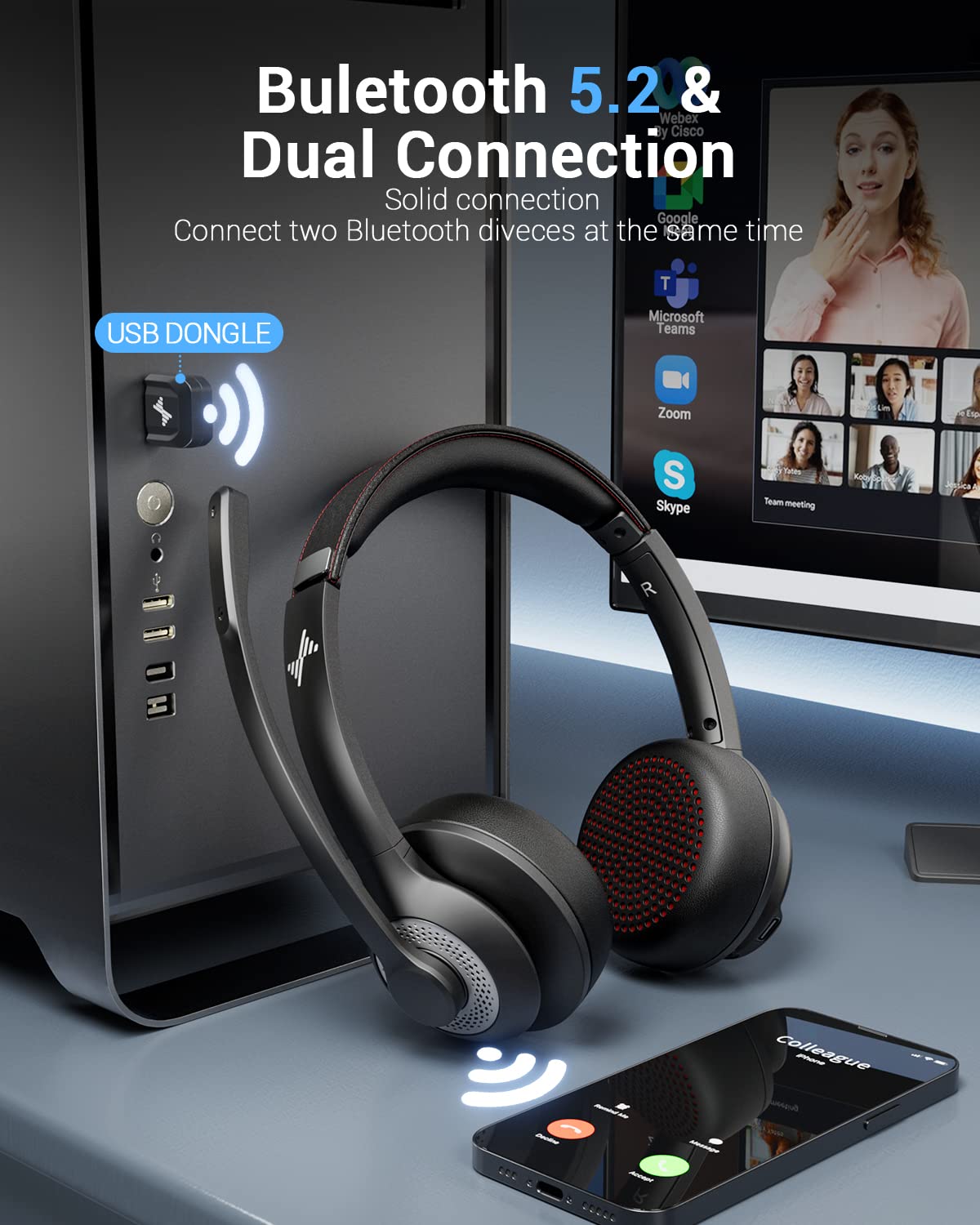 JIAMQISHI Wireless Headset with AI Noise Cancelling Microphone Bluetooth Headset - Bluetooth V5.2 Headphones with Mic Mute for Computer/Laptop/PC/iPhone/Android/Cell Phones/Zoom/Ms Teams-Black