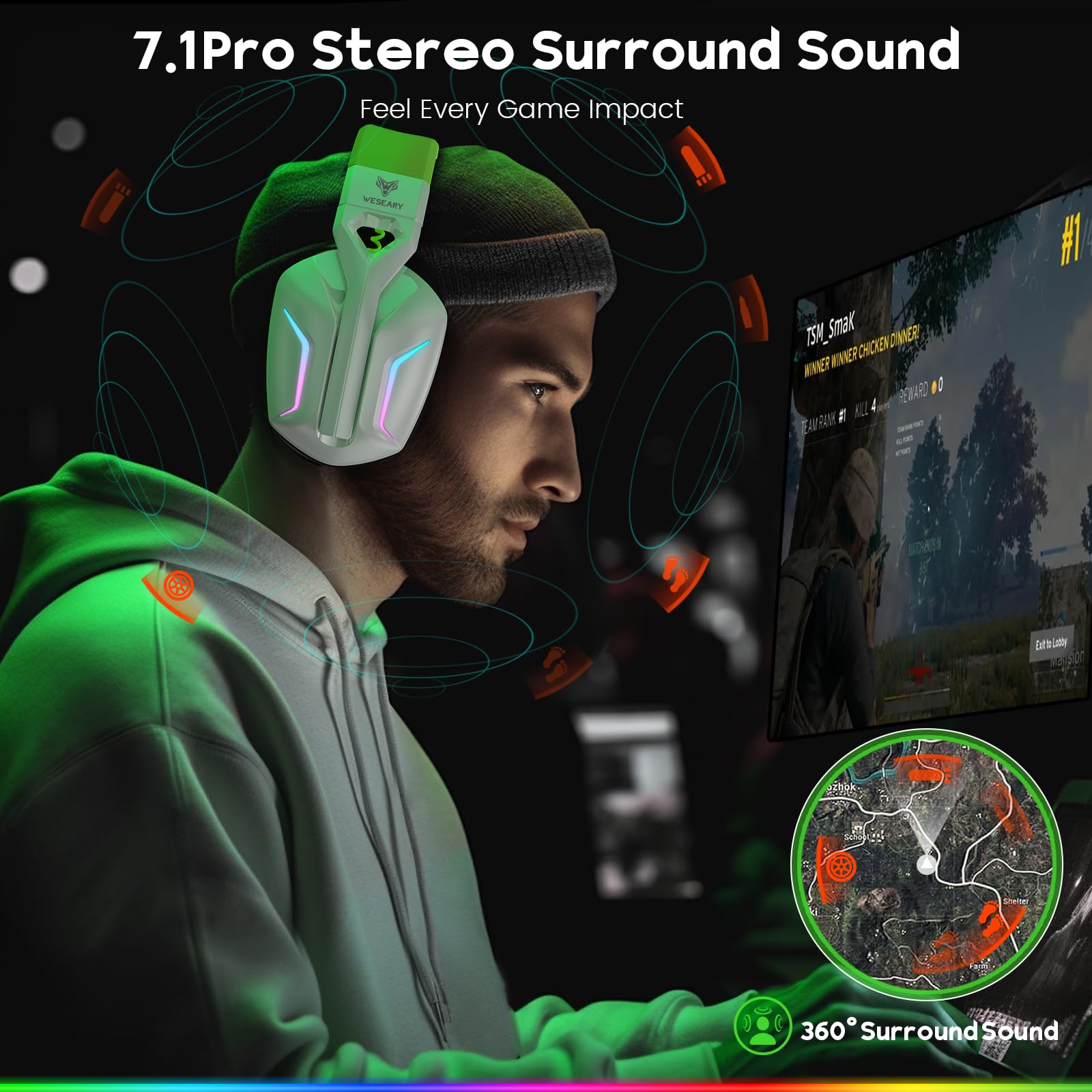 WESEARY Wireless Gaming Headsets for PS5, PS4, PC, Switch, Mac, 2.4GHz Bluetooth Gaming Headphones with 7.1 Surround Sound, Wireless Headset with Microphone, 50mm Drivers, 50Hr Battery, Cool RGB