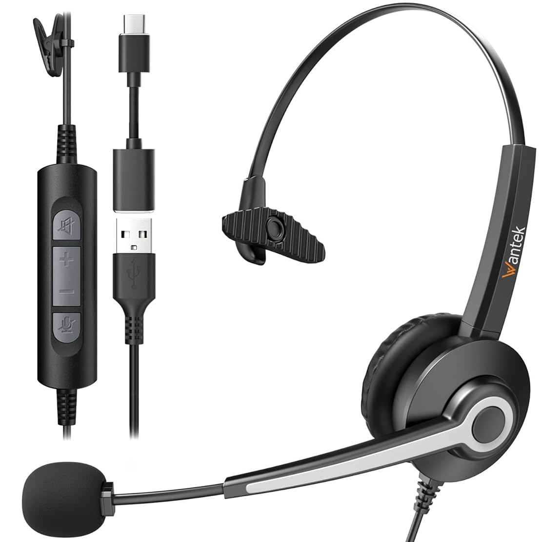 Wantek Monaural Corded USB Headsets with Noise Cancelling Mic and in-line Controls, UC Business Headset for Skype, SoftPhone, Call Center