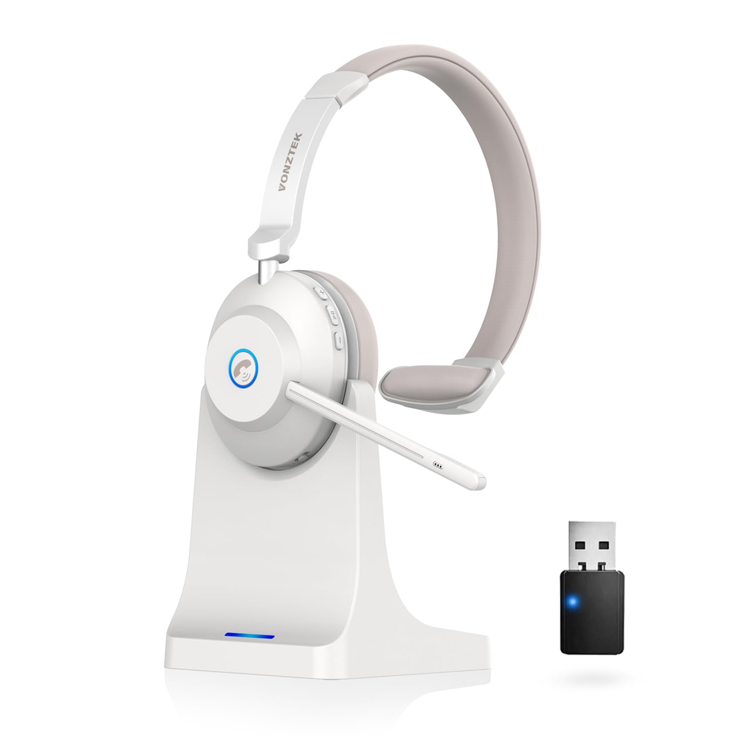 Bluetooth Headset, Wireless Headphones with Microphone Noise Canceling & USB Dongle, Wireless Headset with Mic Mute & Charging Base for PC/Phones/Zoom/Skype/MS Teams/Google Meet Work Headset