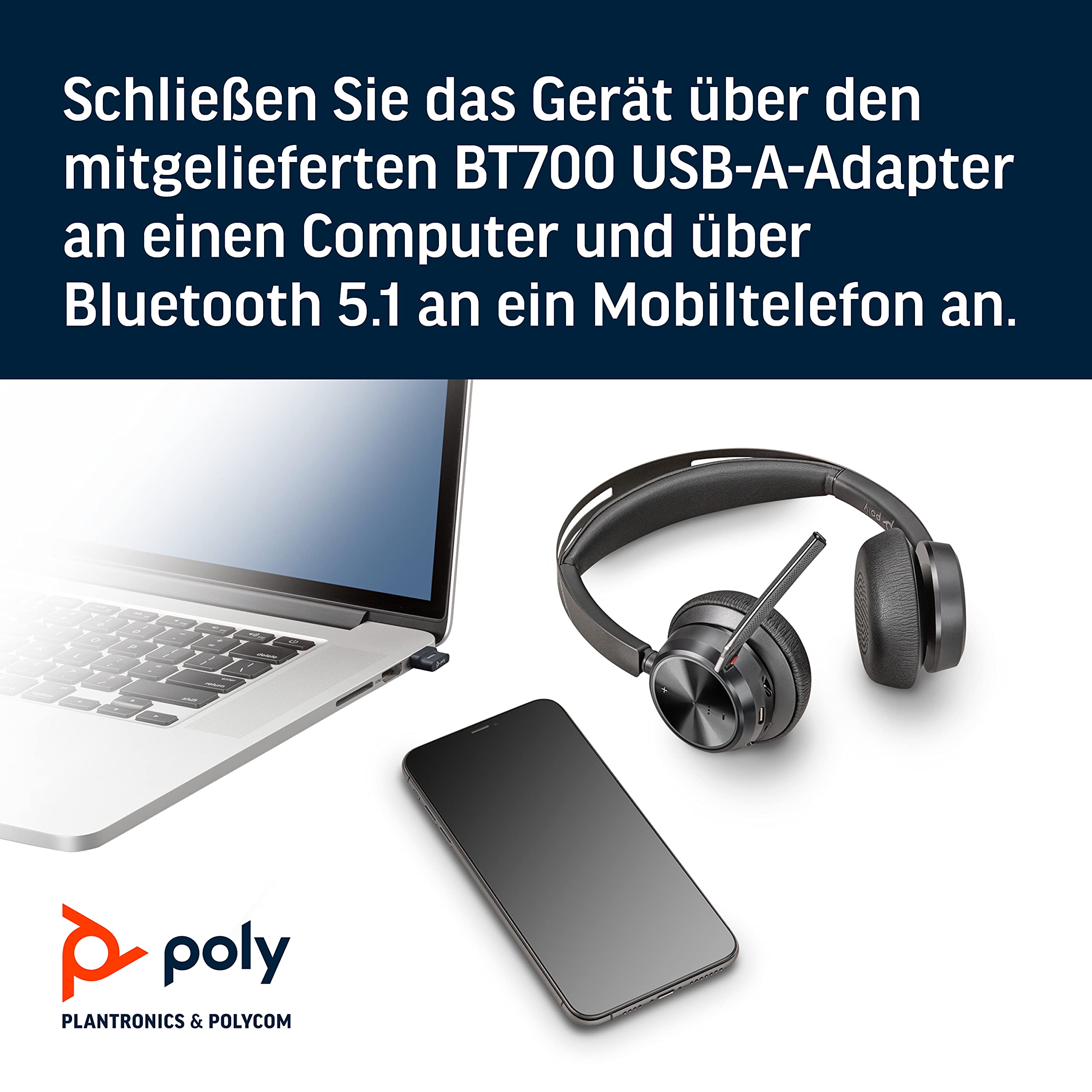 Poly - Voyager Focus 2 UC USB-A Headset (Plantronics) - Bluetooth Dual-Ear (Stereo) Headset with Boom Mic - USB-A PC/Mac Compatible - Active Noise Canceling - Works with Teams, Zoom (Certified) & More