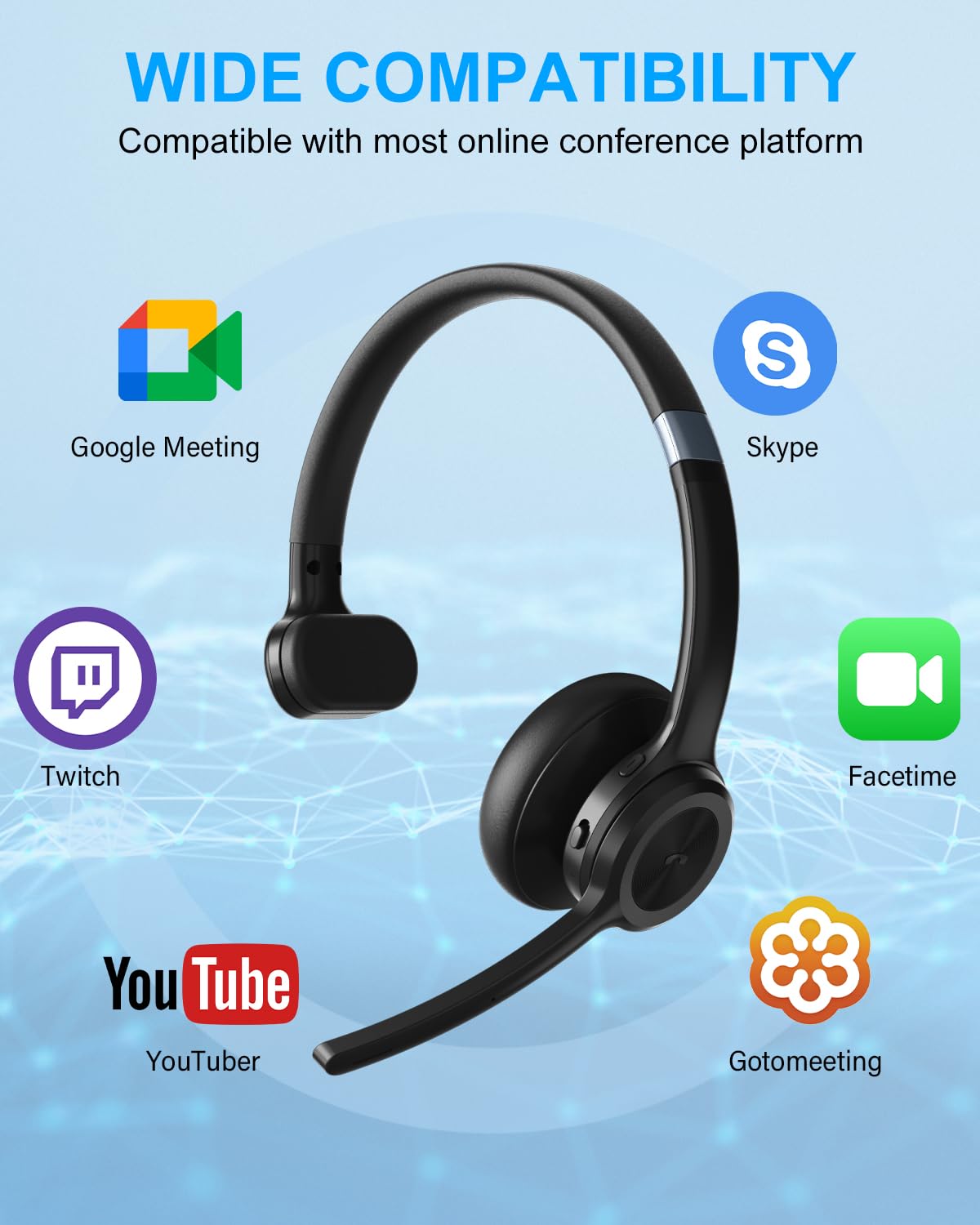 MONODEAL Trucker Bluetooth Headset, Wireless Headset with Microphone ENC Noise Cancelling & Mute Button, 30H Talk Time, Bluetooth 5.2 Headphones for Work, Office, Call Center