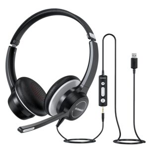 konnao usb headset with microphone, 3.5mm wired computer headsets with noise cancelling microphone, stereo headphones with mic for pc, in line controls, work headset for skype zoom tablet laptop