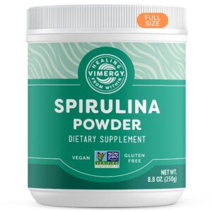 vimergy natural spirulina powder, 83 servings – super greens powder – nutrient dense blue-green algae superfood for smoothies & juices – immune support - non-gmo, gluten-free, vegan & paleo (250g)