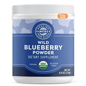 vimergy usda organic wild blueberry supplement powder, 62 servings – natural wild blueberries - fruit powder for smoothies, juices, fruit bowls – low-bush, non-gmo, gluten-free, vegan, paleo (250g)