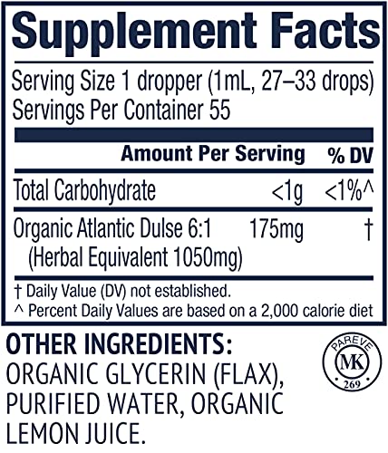 Vimergy USDA Organic Atlantic Dulse Extract, 55 Servings – Raw Liquid Seaweed Dulse Supplement Drops - Alcohol-Free, Vegan & Paleo Friendly (55 ml)